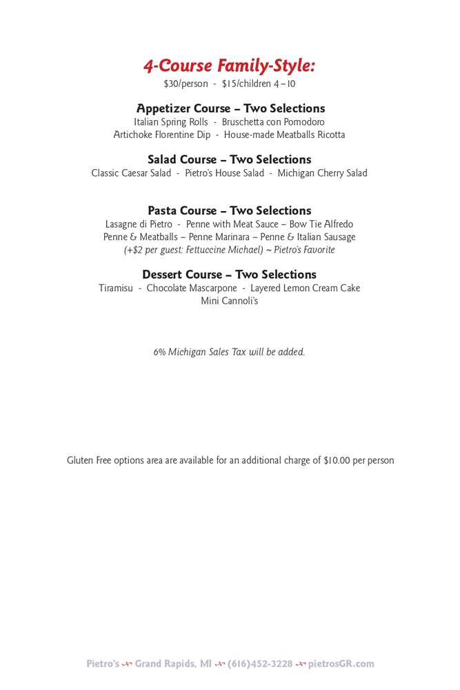 Family - Style Menu | Pietro's Italian Restaurant
